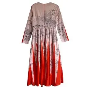 Dresses | Statement Art Print Pleated Maxi Dress Pink Red Graphic Long ...